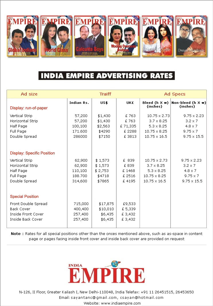 INDIA EMPIRE - RATE CARD